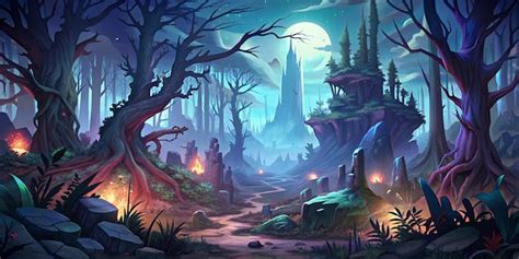 Dark Forest Panorama Fantasy Landscape Consep Halloween Flat Style