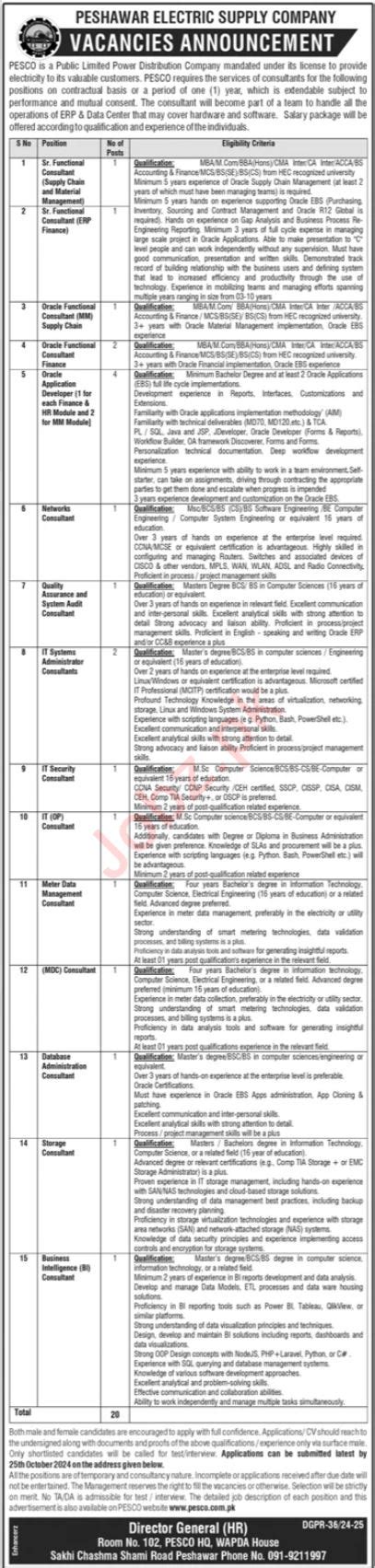 Peshawar Electric Supply Company Pesco Jobs 2024 2025 Job Advertisement