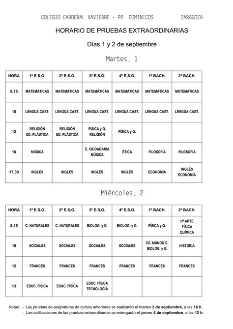 Martes 1 Horario De Pruebas Extraordinarias Días 1 Y 2 De Septiembre