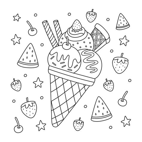 벡터 손으로 그린 귀여운 아이스크림 콘 색칠 공부 그림 프리미엄 벡터