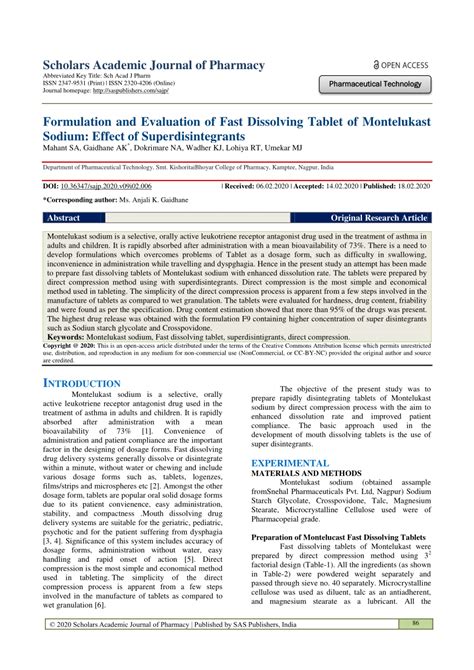 Pdf Formulation And Evaluation Of Fast Dissolving Tablet Of Montelukast Sodium Effect Of