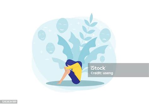 기만 증후군 행복하거나 슬픈 표정으로 카니발 마스크를 시도하는 소녀 부정직에 대한 스톡 벡터 아트 및 기타 이미지 부정직 Theatrical Performance