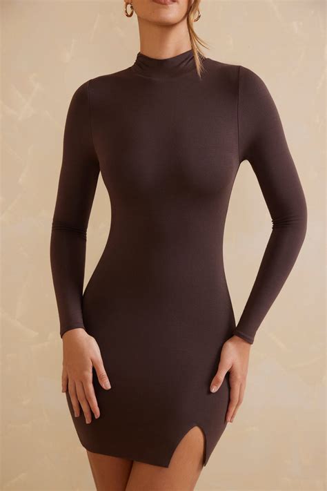 Bindi High Neck Long Sleeve Mini Dress In Chocolate Oh Polly