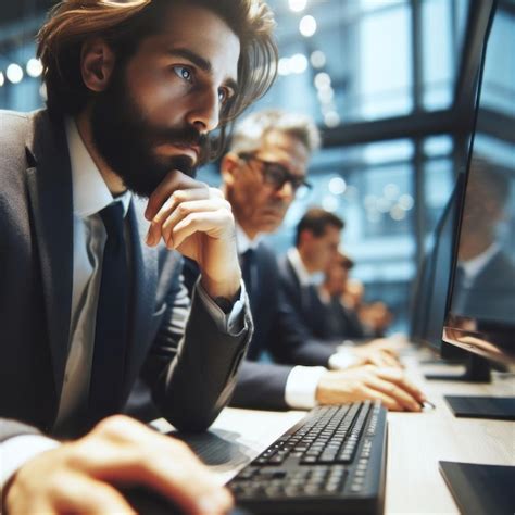 Premium Photo Man In Suit Sitting And Using A Computer