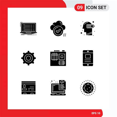 Set Of 9 Vector Solid Glyphs On Grid For Cogs Gear Cloud Mind Low Editable Vector Design