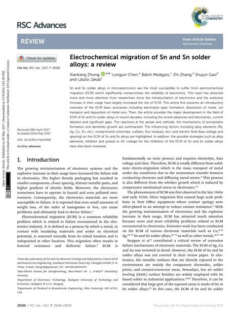 Pdf Electrochemical Migration Of Sn And Sn Solder Alloys A Review