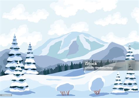 겨울 하이킹 풍경입니다 푸른 산은 눈과 소나무 숲을 전경에 두고 눈 덮인 겨울 풍경입니다 산봉우리와 여행 배경 0명에 대한 스톡 벡터 아트 및 기타 이미지 Istock