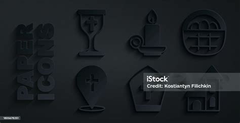 교황 모자 부활절 달걀 바구니 위치 교회 건물 교회 불타는 촛불 촛대와 기독교 성배 아이콘을 설정합니다 벡터 3차원 형태에 대한 스톡 벡터 아트 및 기타 이미지 Istock