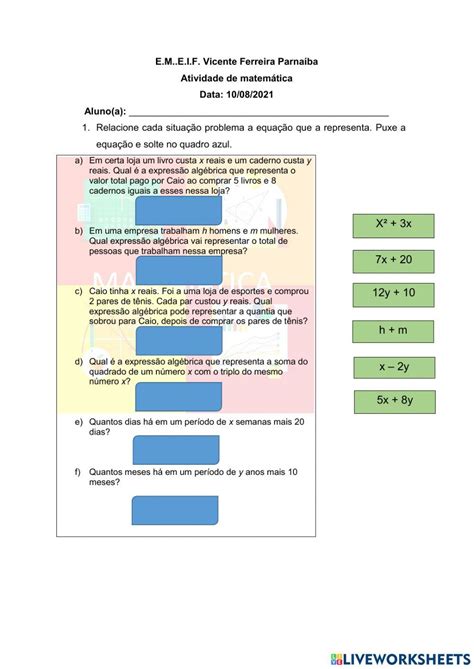 Expressões algébricas interactive worksheet Worksheets