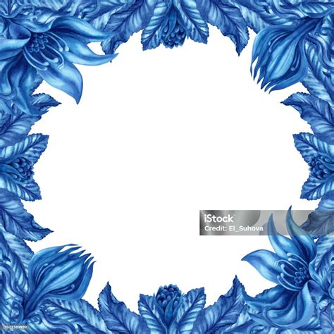 수중 마법의 꽃과 시초의 파란색 프레임의 흑백 수채화 그림 초대장 패턴 직물 월페이퍼 스티커 엽서 0명에 대한 스톡 벡터 아트 및 기타 이미지 Istock