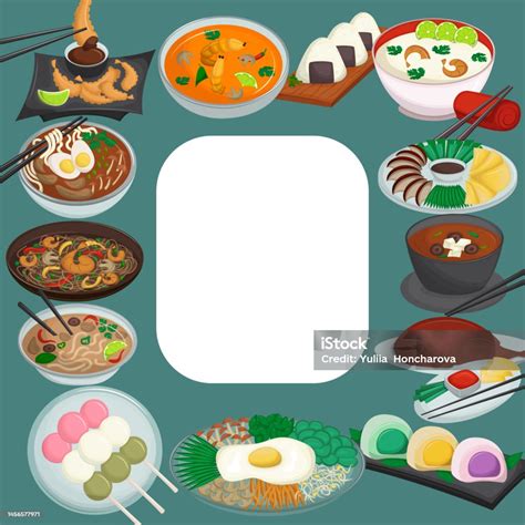 아시아 요리가 있는 녹색 프레임입니다 극동의 전통 요리 벡터 그림입니다 배경 엽서 전단지 포스터 라면 국수에 대한 스톡 벡터