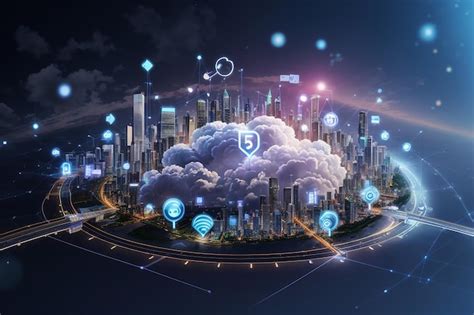 5g 출시 고속 인터넷 클라우드 컴퓨팅 스마트 시티의 연결된 풍경을 탐구합니다 프리미엄 사진