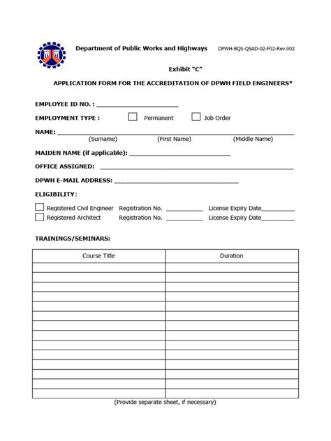 Updated Application Form For Dpwh Field Engrs Accreditation Pdf