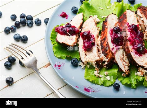 Grilled Chicken Breast With Blueberry Sauce Sliced Barbecued Chicken