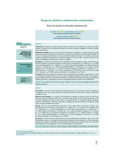 Pdf Riesgo De Suicidio En Adolescentes Escolarizados