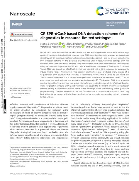 Pdf Crispr Dcas9 Based Dna Detection Scheme For Diagnostics In Resource Limited Settings