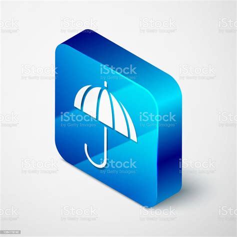 等軸測經典優雅打開傘圖標隔離在灰色背景防雨標誌藍色方形按鈕向量插圖向量圖形及更多一個物體圖片 一個物體 保安 保護 Istock