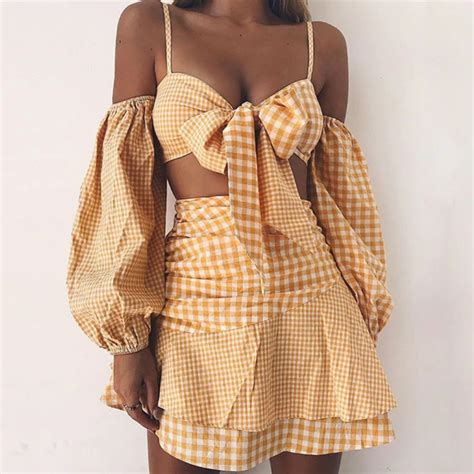Bow Plaid Two Piece Set Women Off Shoulder Long Sleeve Crop Top Mini