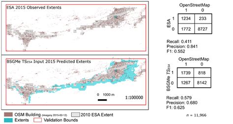 validation maps of 2015 osm and manually delineated building footprints
