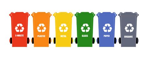 전자 플라스틱 금속 유리 종이 유기 폐기물이있는 다른 색깔의 재활용 쓰레기통 쓰레기를 다른 용기로 분리합니다 벡터 Esp10 쓰레기 수거통에 대한 스톡 벡터 아트 및 기타