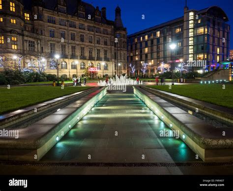 Peace Gardens In Sheffield City Center At Night South Yorkshire England