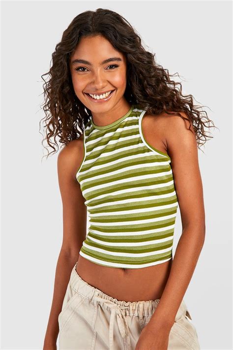 Green Tall Rib Stripe Racer Vest Top Boohoo Uk