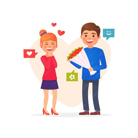 Милый мужчина дарит женщине букет цветов Бесплатно векторы