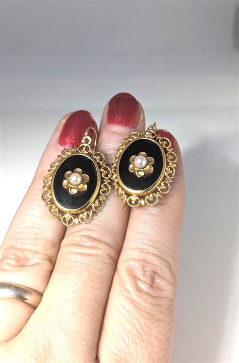 Proantic Antique Yellow Gold Onyx And Pearl Earrings