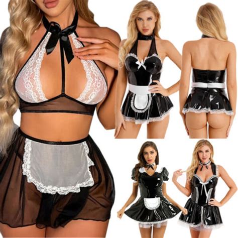 Women Sexy Lingerie Patent Leather French Maid Dress Cosplay Costume