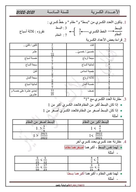 السنة السادسة ابتدائي رياضيات سنة سادسة الأعداد الكسرية🌷