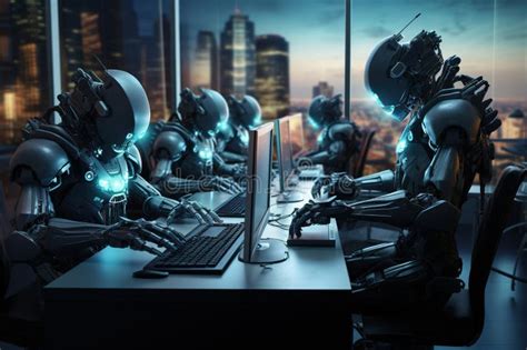 Ai Robots Using Multiple Computers Working Monitoring Data In Office