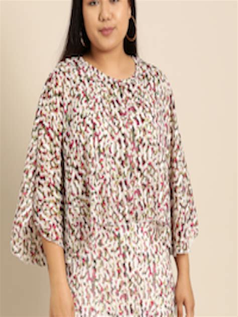 Buy All Plus Size Women Off White Pink Printed Semi Sheer Top Tops