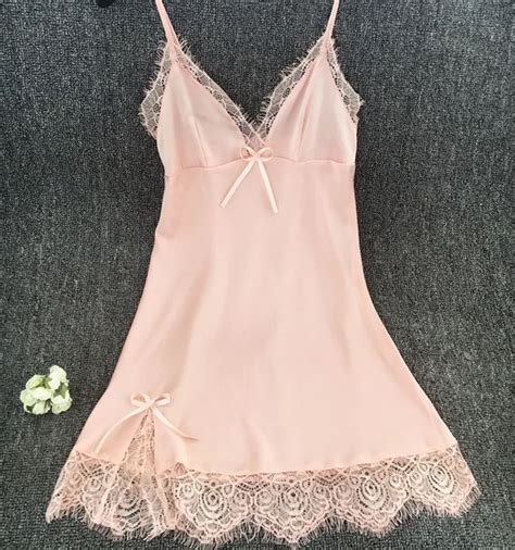 Lisacmvpnel Lace Spaghetti Strap Women Nightdress V Neck Sexy Blackless