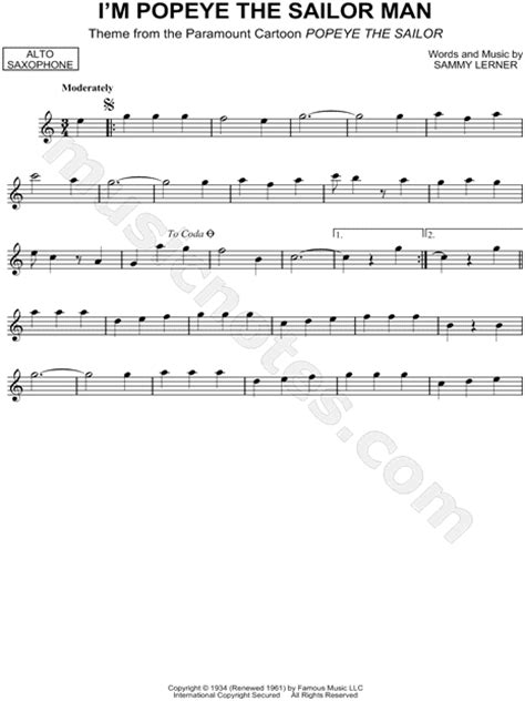 I M Popeye The Sailor Man From Popeye The Sailor Sheet Music Alto Saxophone Solo In C