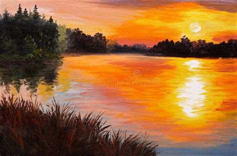 Oil Painting Lake In A Forest Sunset Abstract Painting Stock Illustration Illustration Of