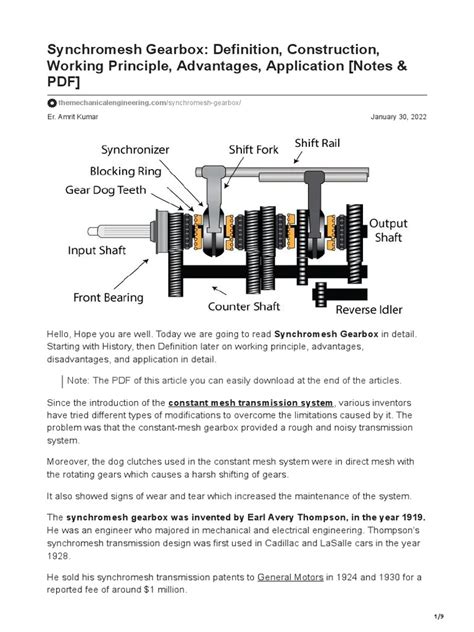 Synchromesh Gearbox Definition Construction Working Principle Advantages Application Notes Pdf