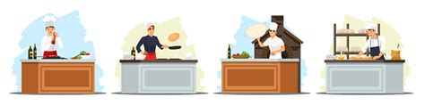 레스토랑 주방 일러스트 세트에서 요리하는 요리사 마스터는 식사를 요리합니다 향신료와 야채 샐러드 피자 팬케이크 빵 굽기가있는 고기 전문 요리 쇼 벡터 일러스트레이션 상업