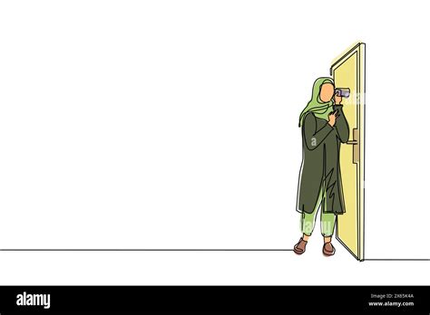 Single One Line Drawing Arabian Woman Eavesdropping At Door Curious
