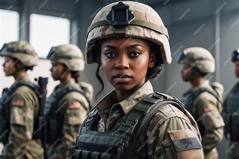 Young Black Woman Wearing Military Uniform Including Camouflage