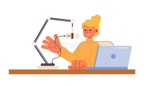 Caucasian Woman Talking Microphone Stand Laptop 2d Cartoon Character