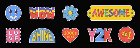Y2k 미학의 레트로 스티커 팩 그래픽 디자인 요소 그룹 레이블 얼굴 하트 모양 및 짧은 문구가 있는 배지 벡터 일러스트 레이 션입니다 대화 풍선 문자 기호에 대한 스톡