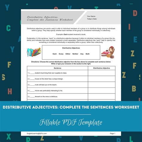 Distributive Adjectives Complete The Sentences Worksheet Editable
