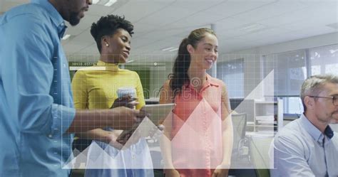 Image Of Data Processing And Diagrams Over Diverse Colleagues Discussing Work In Office Stock