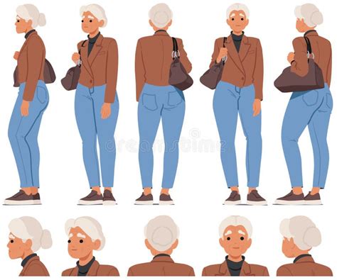 cartoon vector elderly woman in multiple profile views showcasing