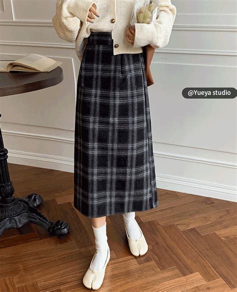 겨울치마울스커트 롱 체크스커트 뒷트임 밴딩 모직 미디 롱치마