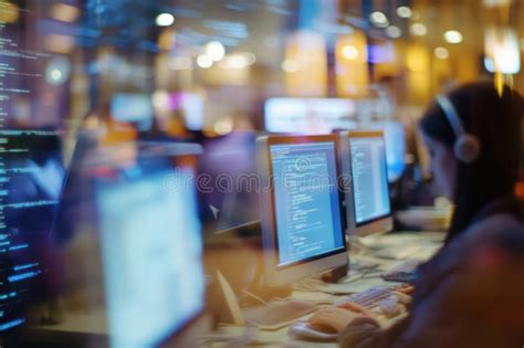 blurred coding workspace with screens and code stock image image of