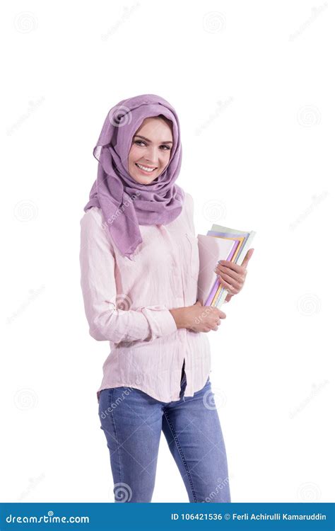 Beautiful College Student Wearing Hijab Smiling While Bringing S Stock
