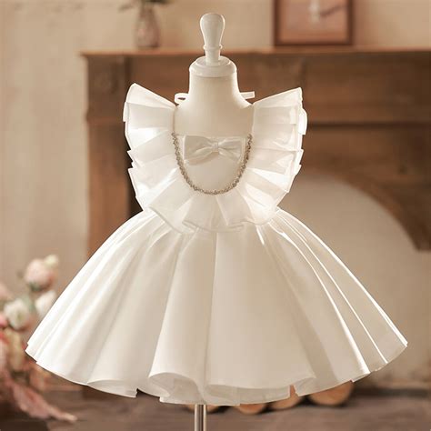 White Satin Flower Girl Dress With Bowknotsleeveless Backless Etsy