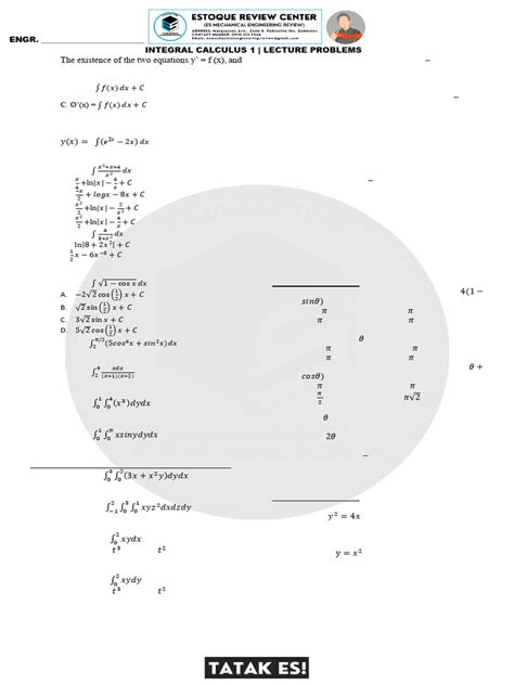Day 12 Integral Calculus 1 L Lecture Problems Pdf Area Curve