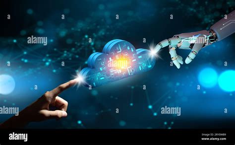 ai robot hand and human hand pointing cloud computing technology